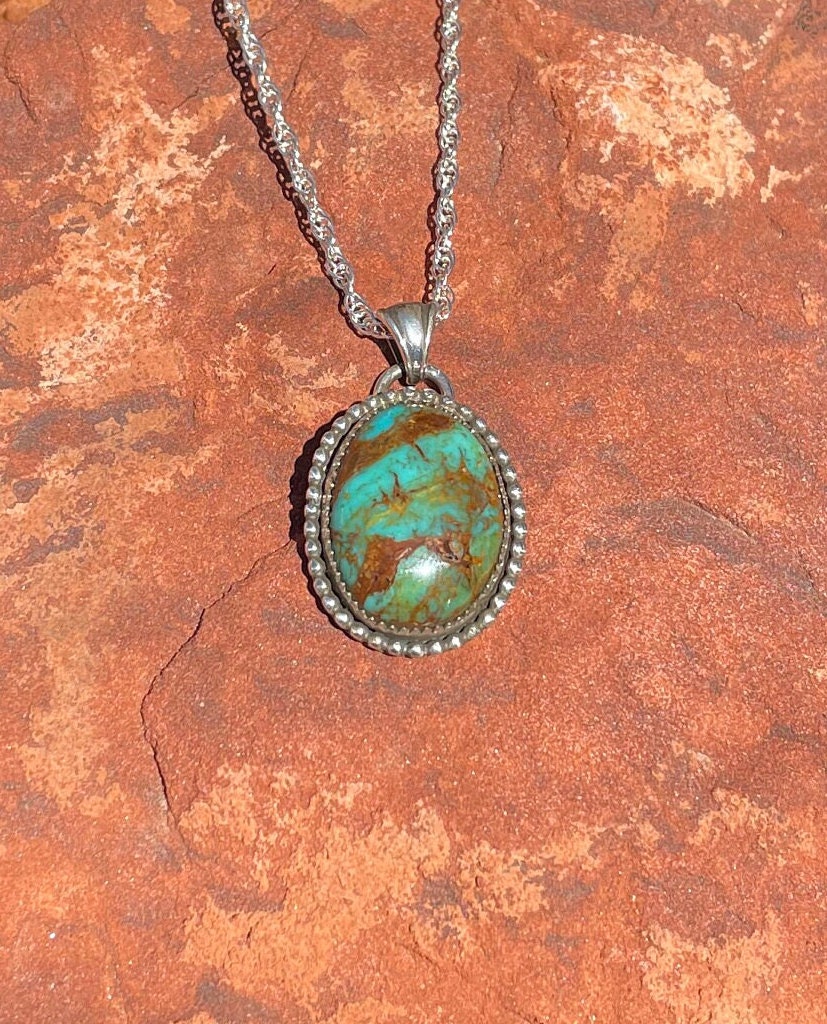 Turquoise Necklace, Sterling Silver Necklace, Kingman Turquoise Pendant ...