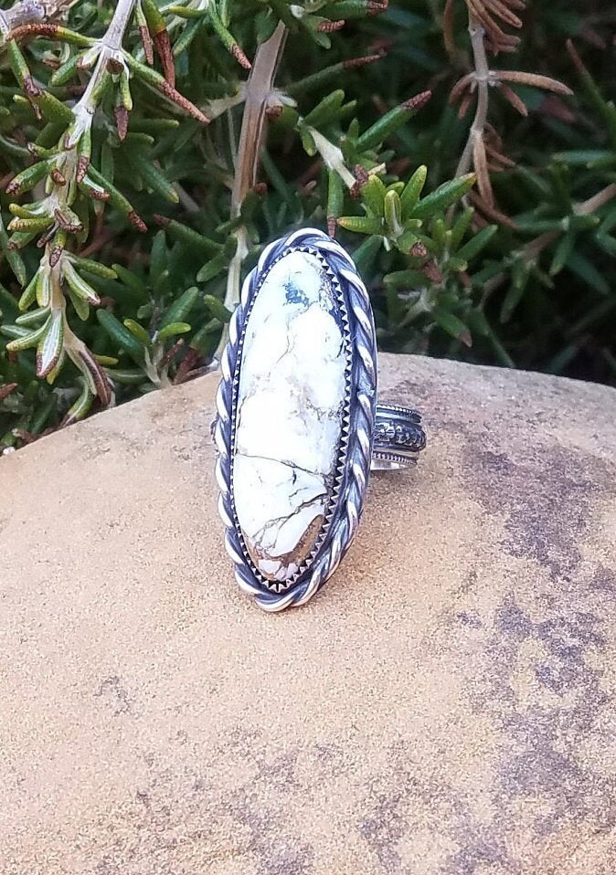 White Buffalo Turquoise Ring, Sterling Silver Ring, Kingman White ...