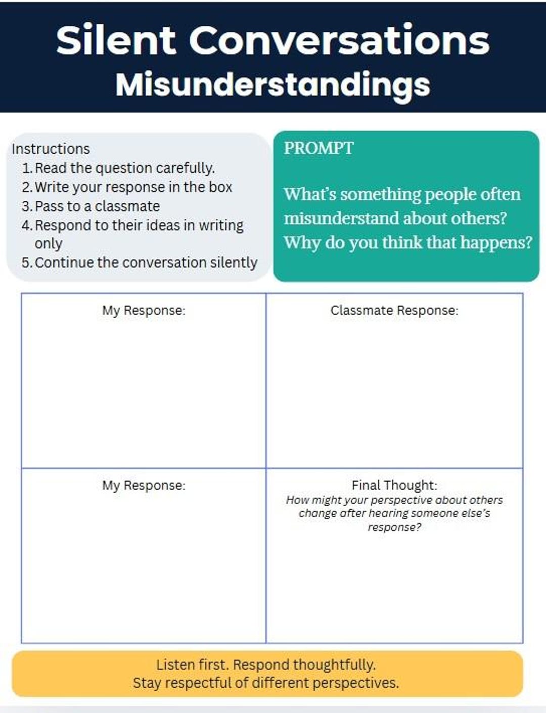Silent Conversation Worksheets / SEL Classroom Discussion Prompts ...