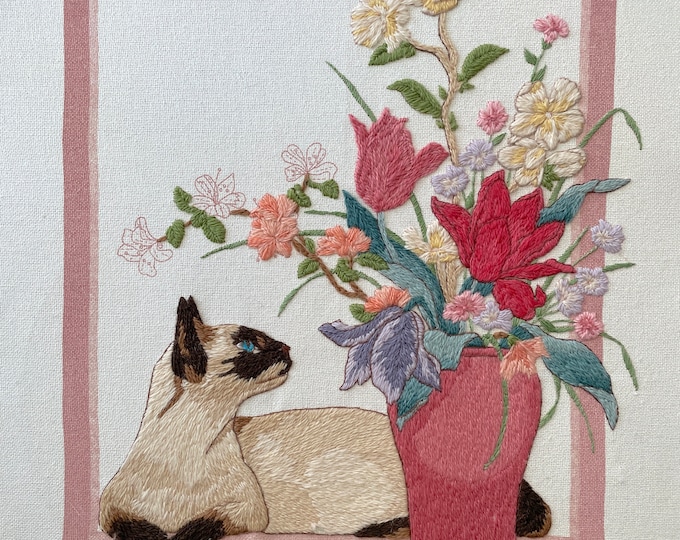 Vintage Embroidery, Vintage Crewel, Cat Embroidery, Cat Artwork, Floral ...