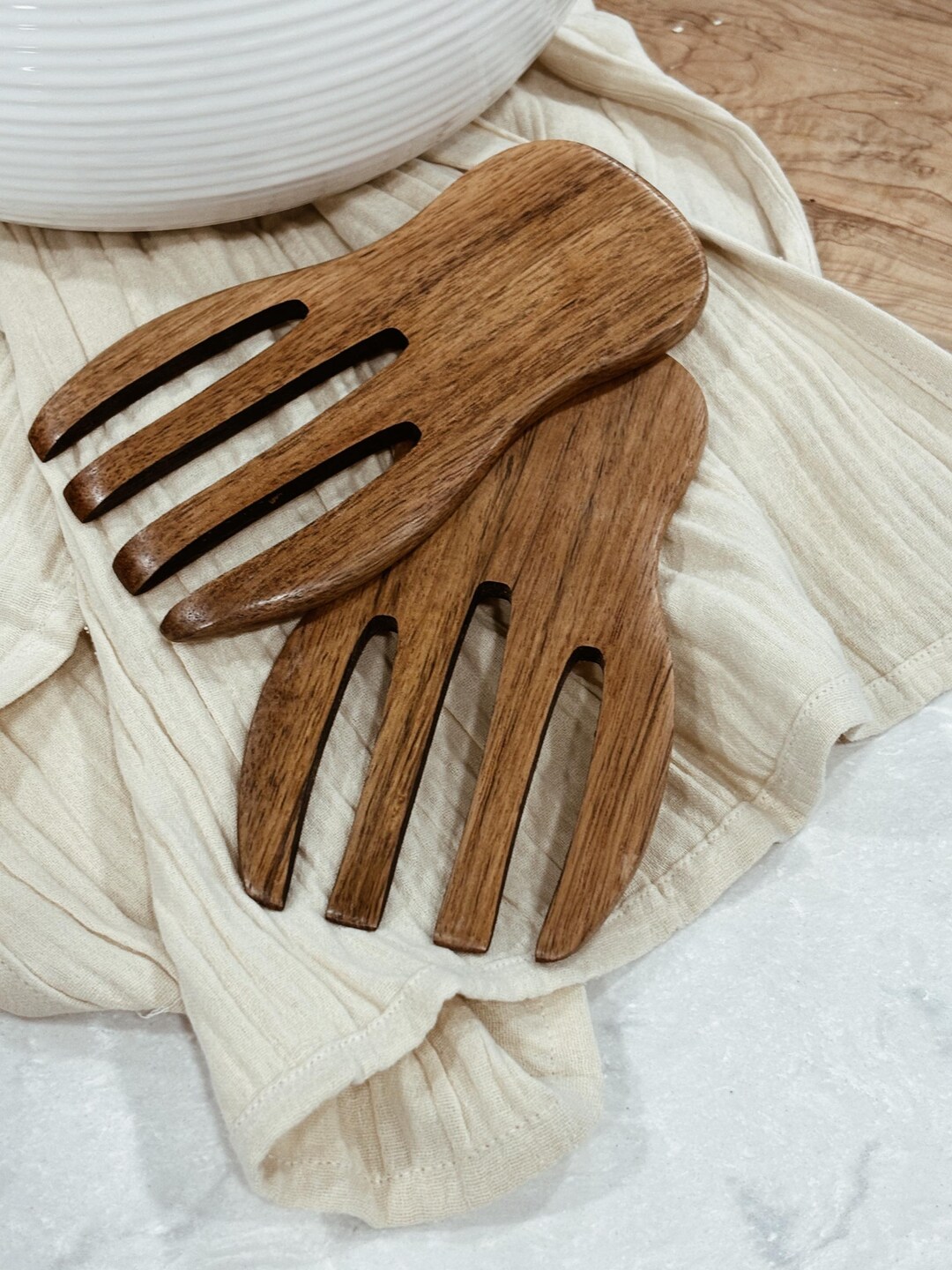 Set of Two Salad Hand Tong, Wooden Salad Mixing Serving Tongs, Wood ...