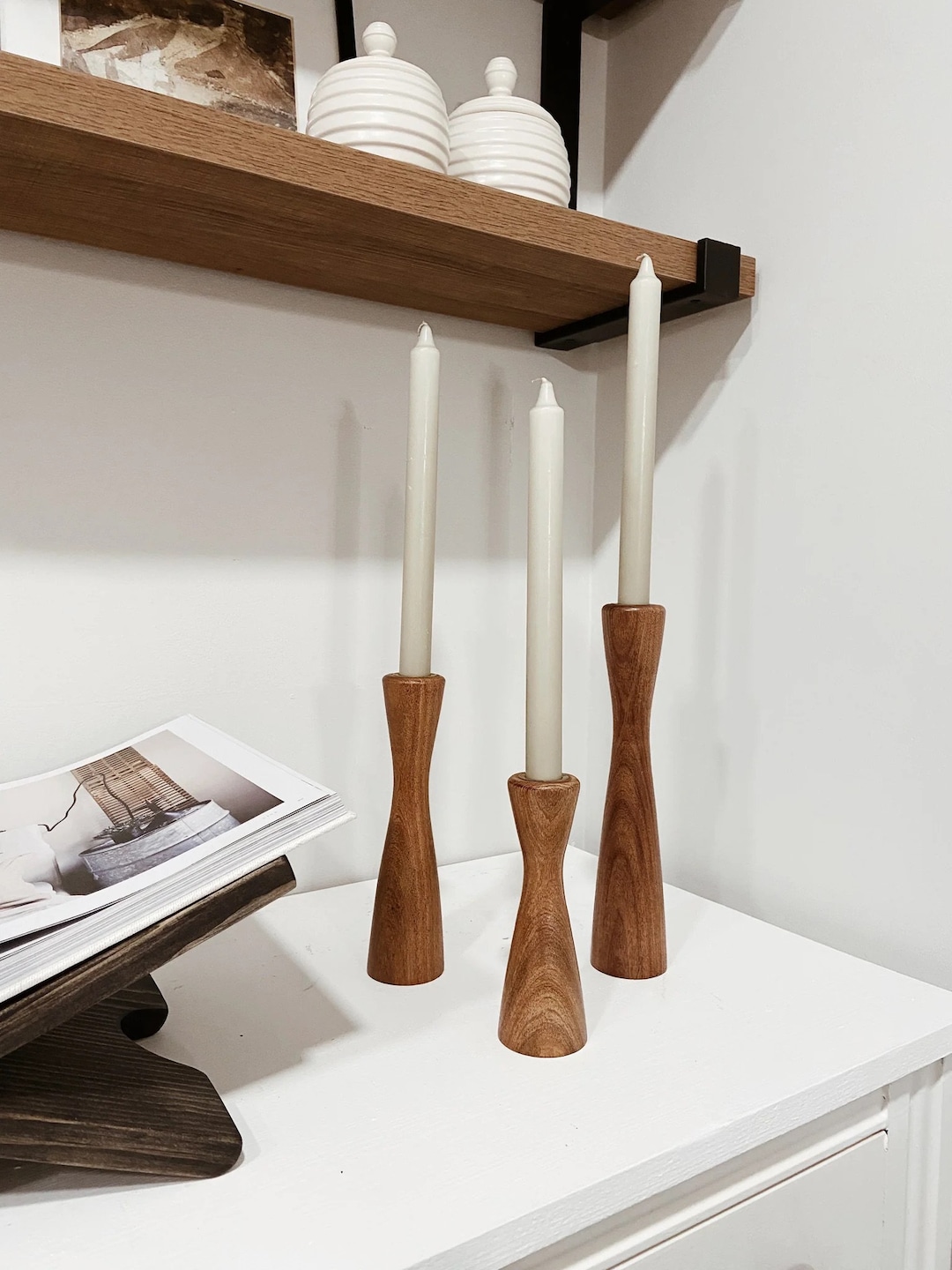Wooden Set of 3 Candlesticks With Gold | Primitive Candle Holder ...