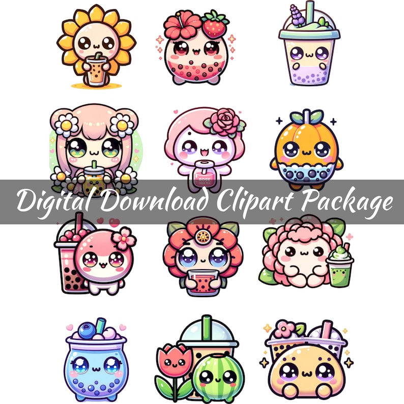 Kawaii Flower and Boba Tea a Cartoon of a Pink Girl Holding a Jar of ...