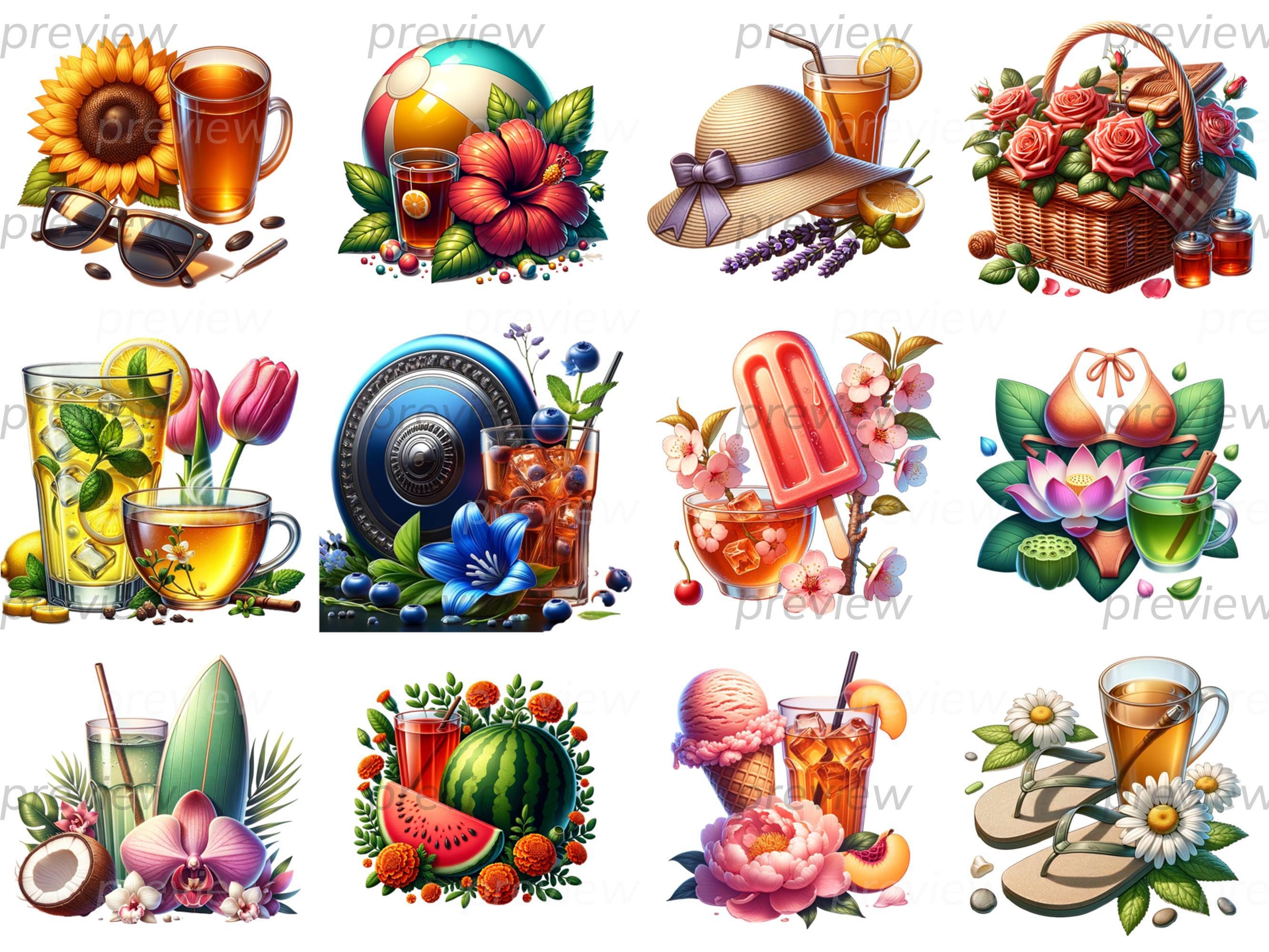 Summer Items With Flowers and Tea a Hat and a Glass of Juice With ...