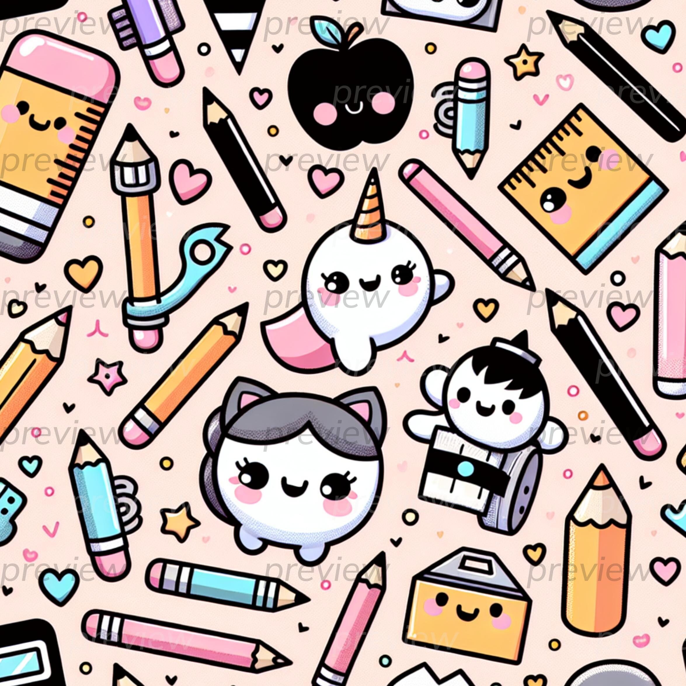 Kawaii Art Supplies Digital Paper - Adorable Printable Backgrounds for ...
