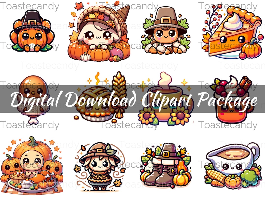 Thanksgiving Kawaii Clip Art Bundle Adorable Fall Pumpkin, Pie, Turkey ...