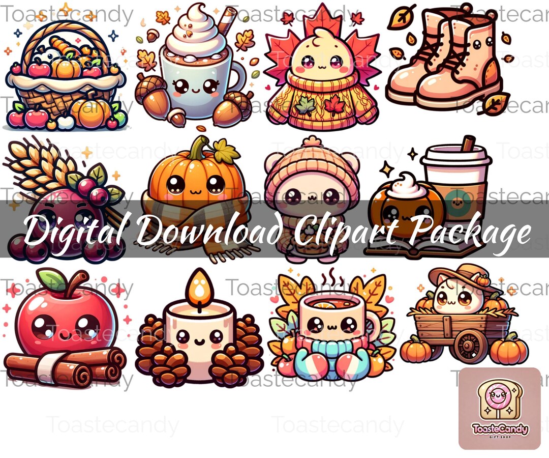 Adorable Kawaii Fall Harvest Clip Art - Cute Autumn Basket With Fruits ...
