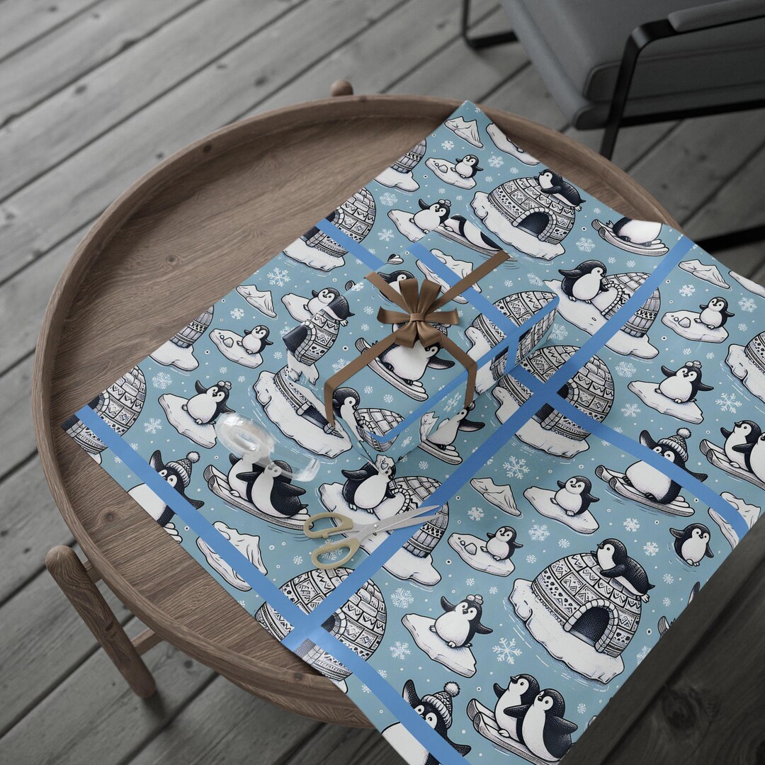 Cute Penguin & Igloo Winter Wrapping Paper Adorable Snowy Scene Gift ...