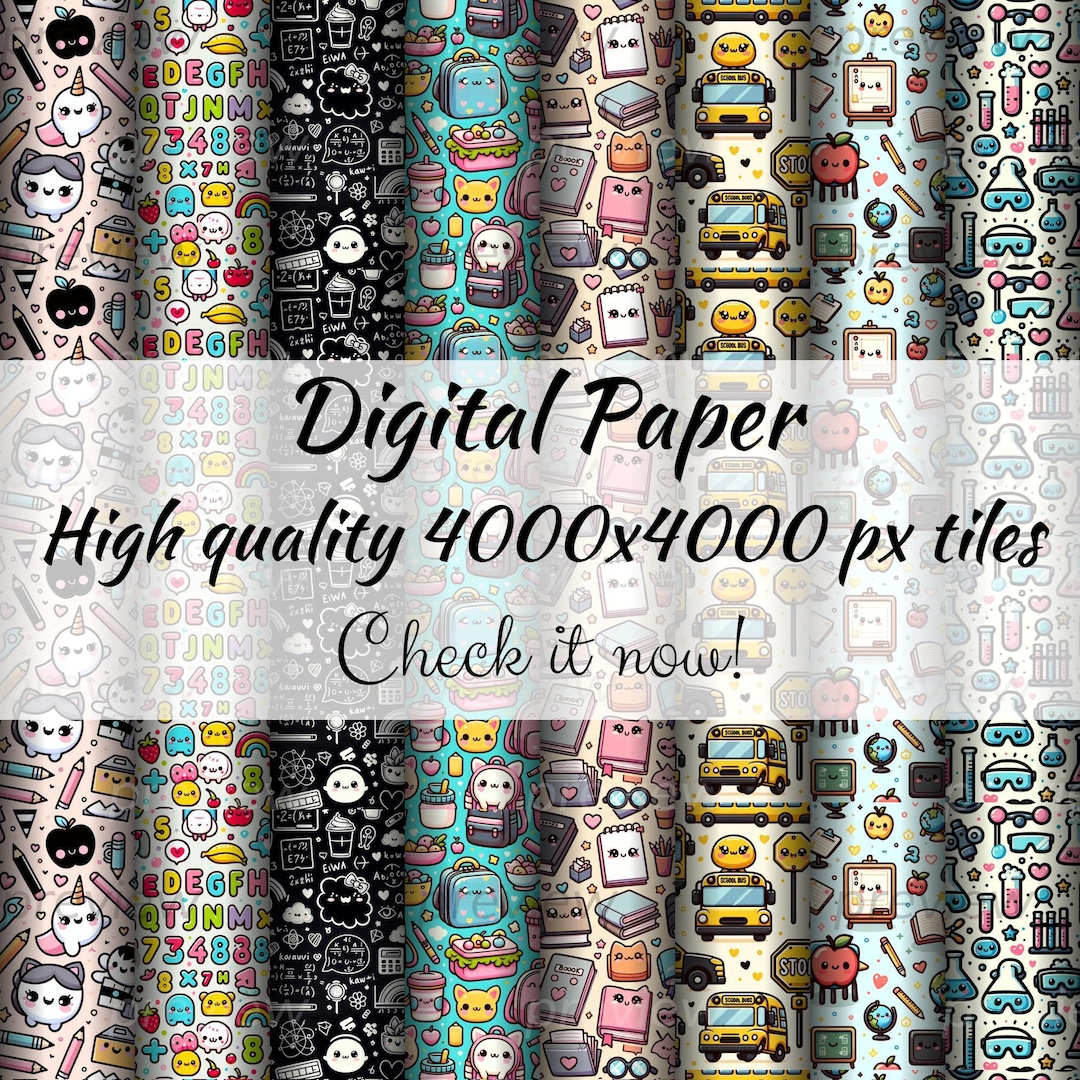 Kawaii Art Supplies Digital Paper - Adorable Printable Backgrounds for ...