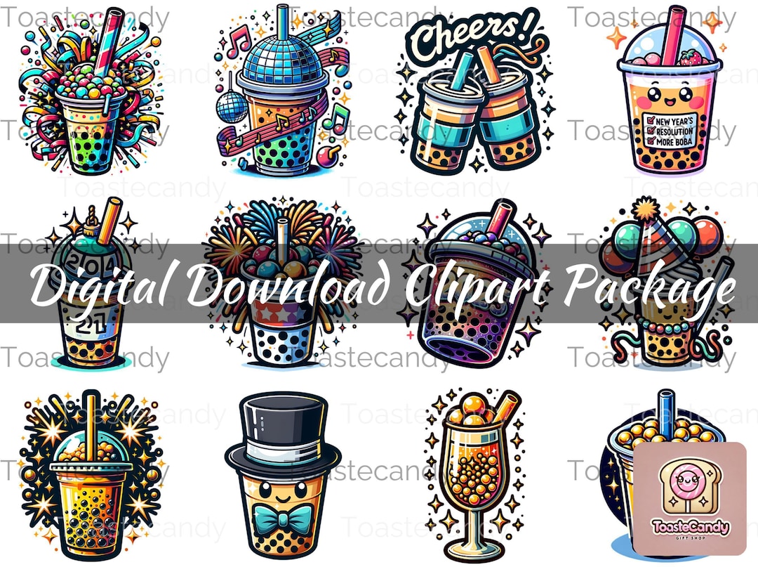 Cheers to 2025 Festive Boba Tea Clip Art Set Trendy Digital Designs for ...