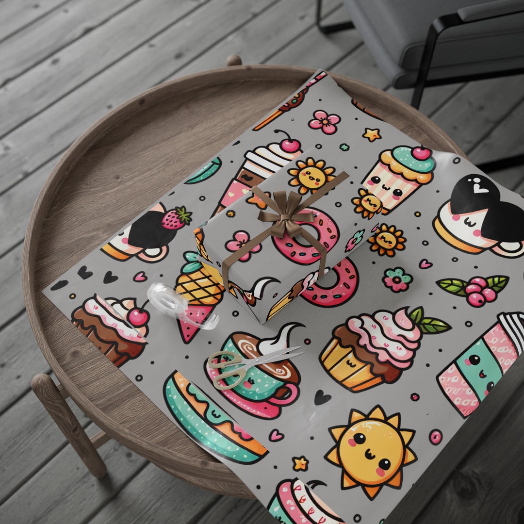 Cute Kawaii Dessert Wrapping Paper | Adorable Cupcake and Donut Gift ...