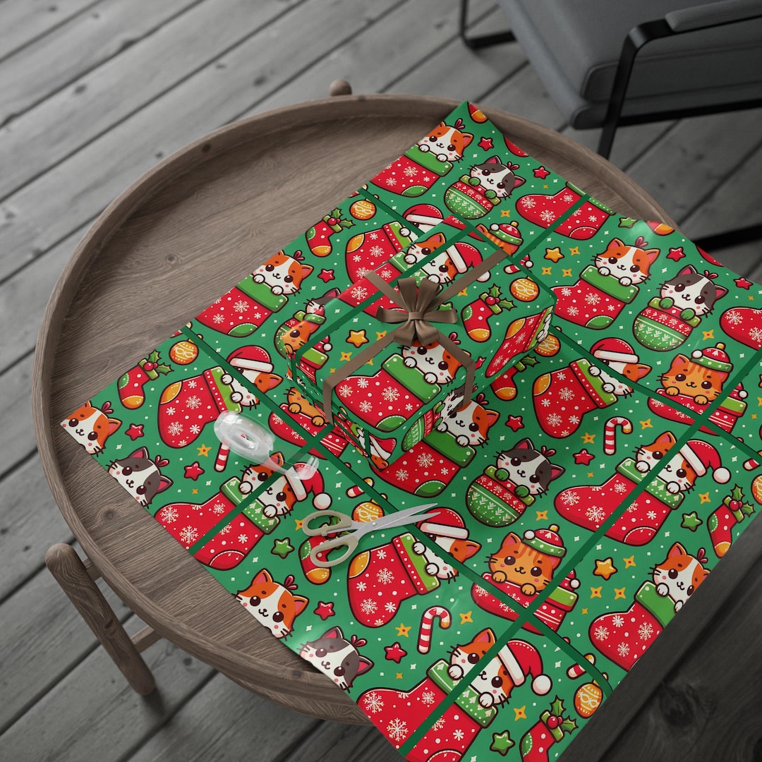 Cute Christmas Cat Wrapping Paper Festive Kittens in Holiday Stockings ...