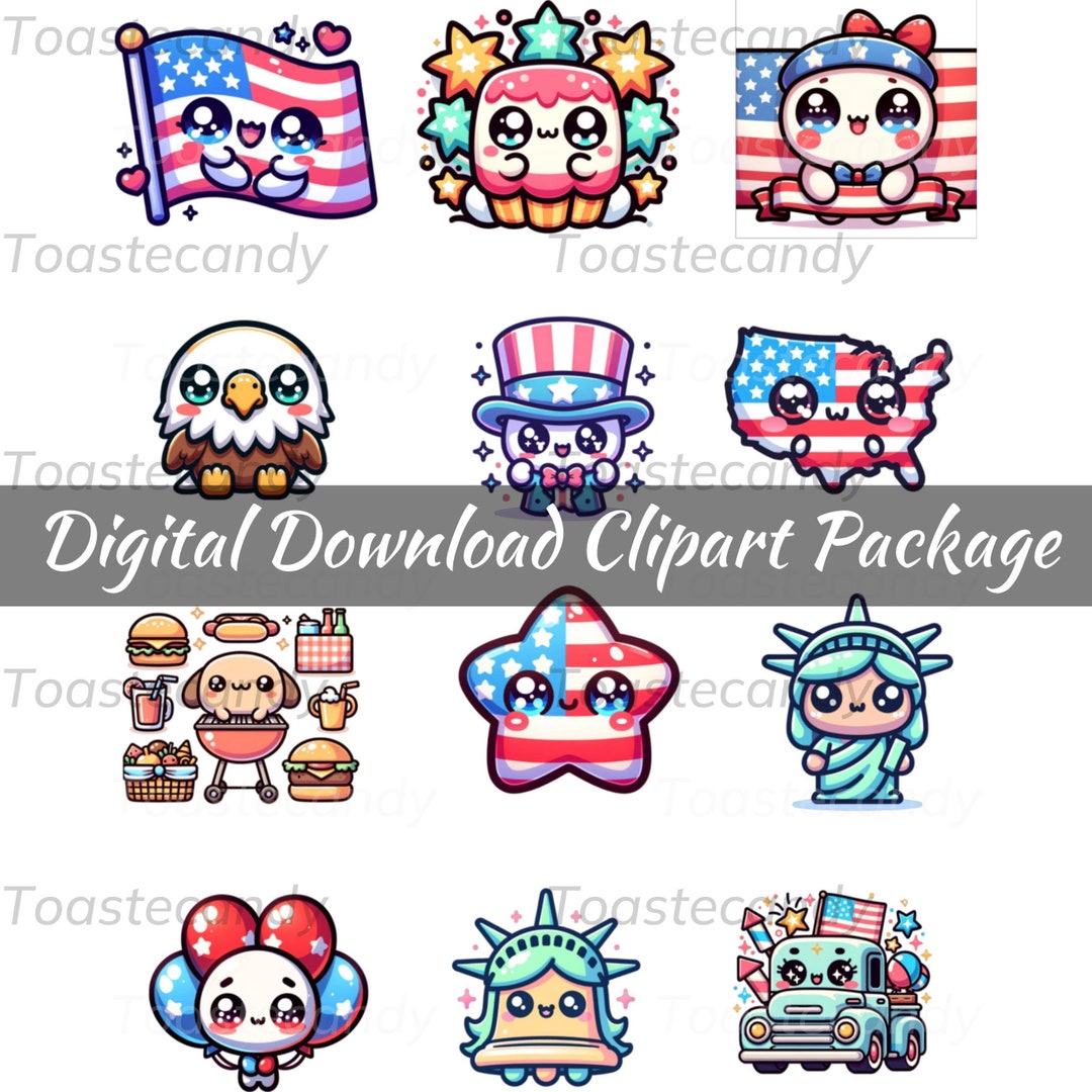 Kawaii 4th of July Clipart: Patriotic American Flag, Eagle (digital ...