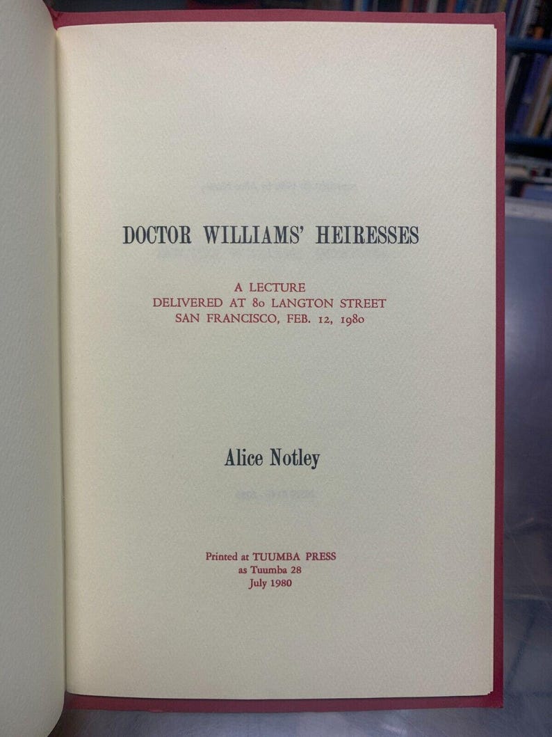 Alice Notley / Doctor Williams' Heiresses First Edition 1980 - Etsy