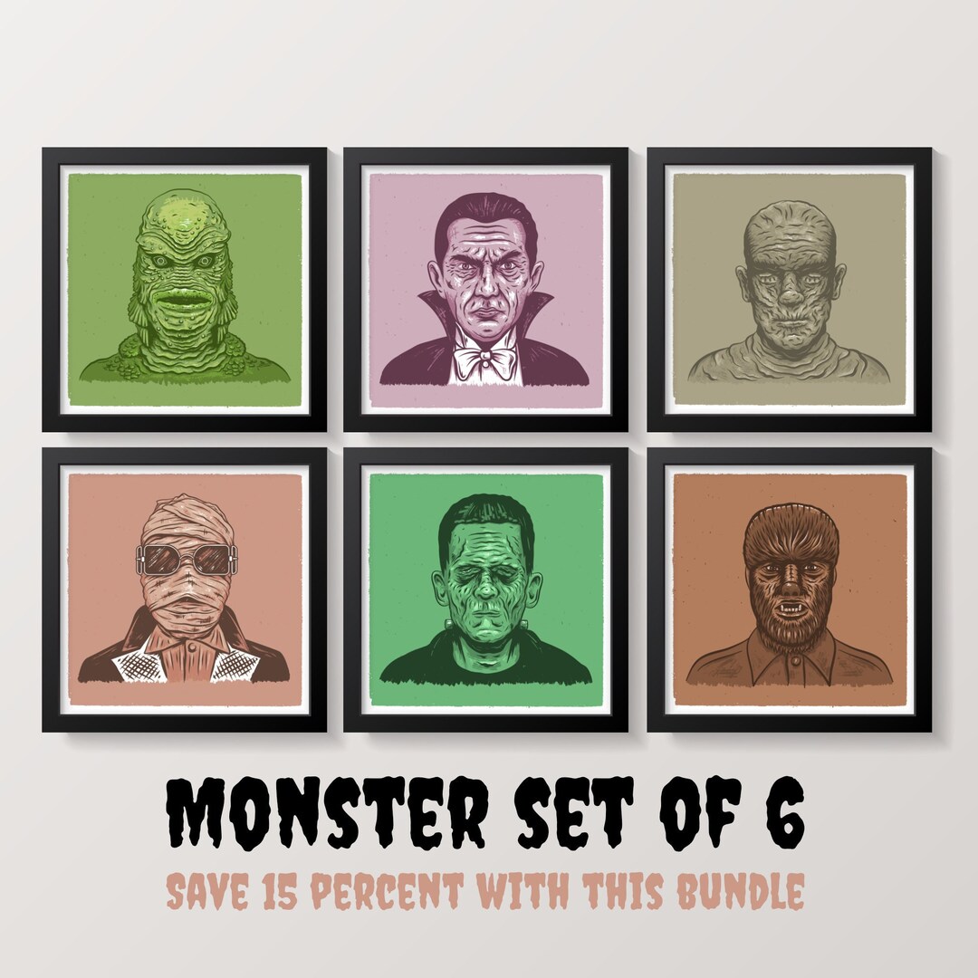Horror Monster Prints -set of 6- Illustrated Portraits 7x7" Horror Gift ...
