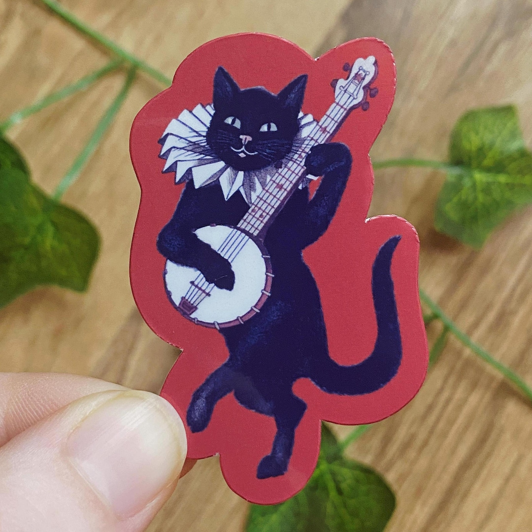 1895 the Black Cat Playing Banjo Vintage Sticker | Antique Cats Decal ...