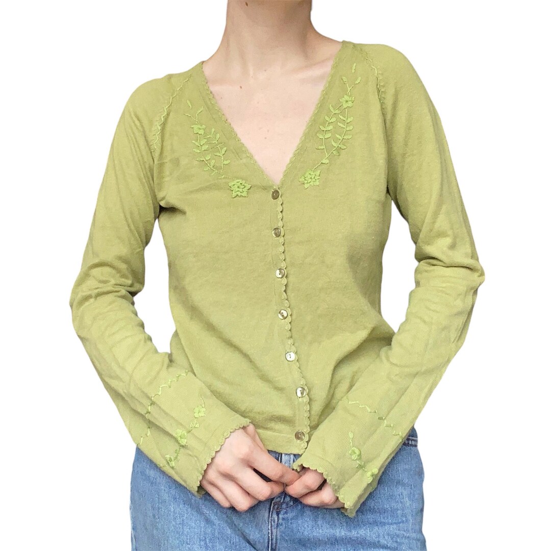 Vintage 90s Green Fairycore Cardigan With Floral Embroidery Details - Etsy