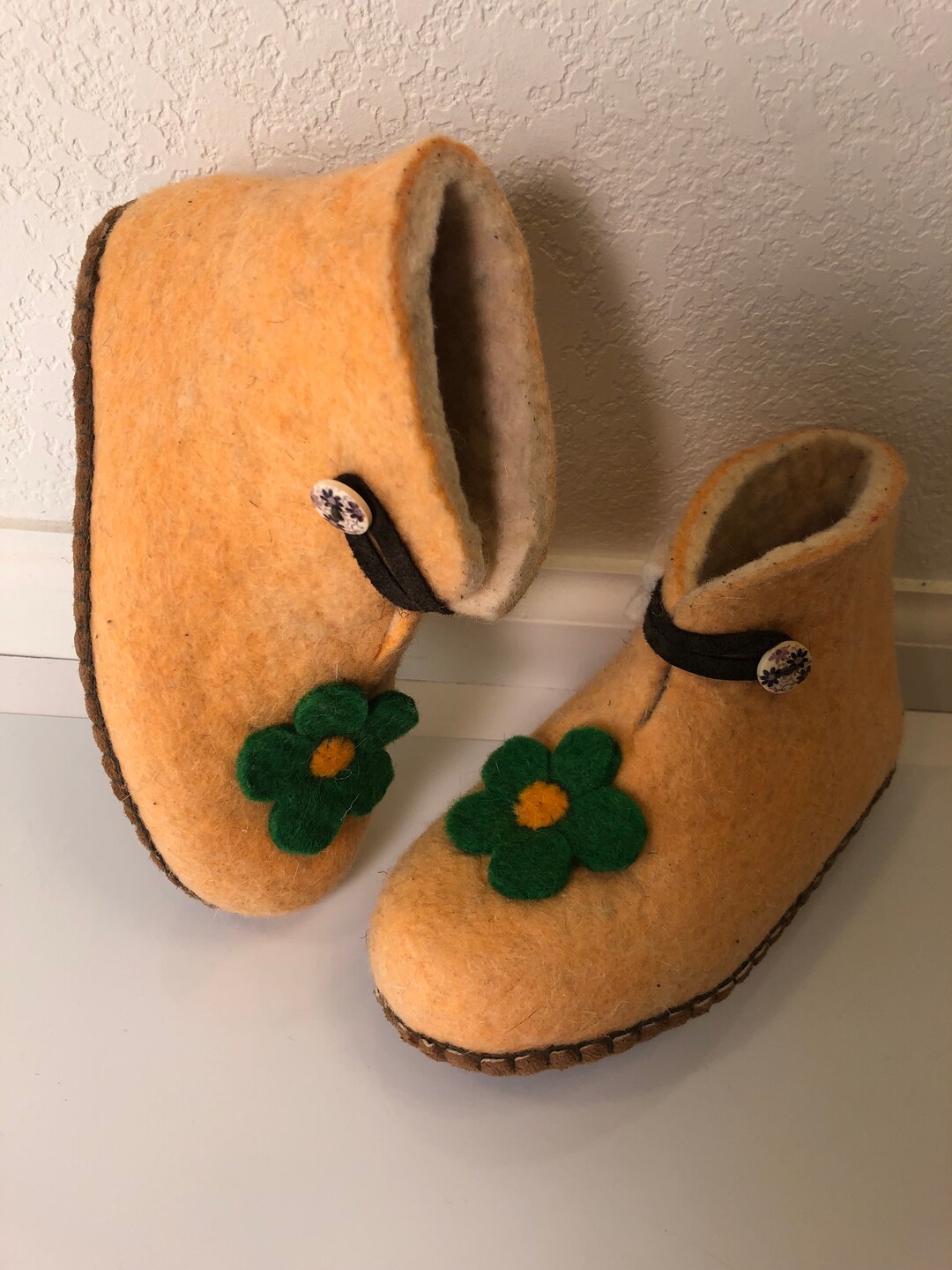 Peach Kid's Felt Slippers With Leather Sole and Flower Decorations - Etsy