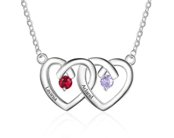 Linked Double Heart Necklace Personalized With 2 Birthstones | Etsy