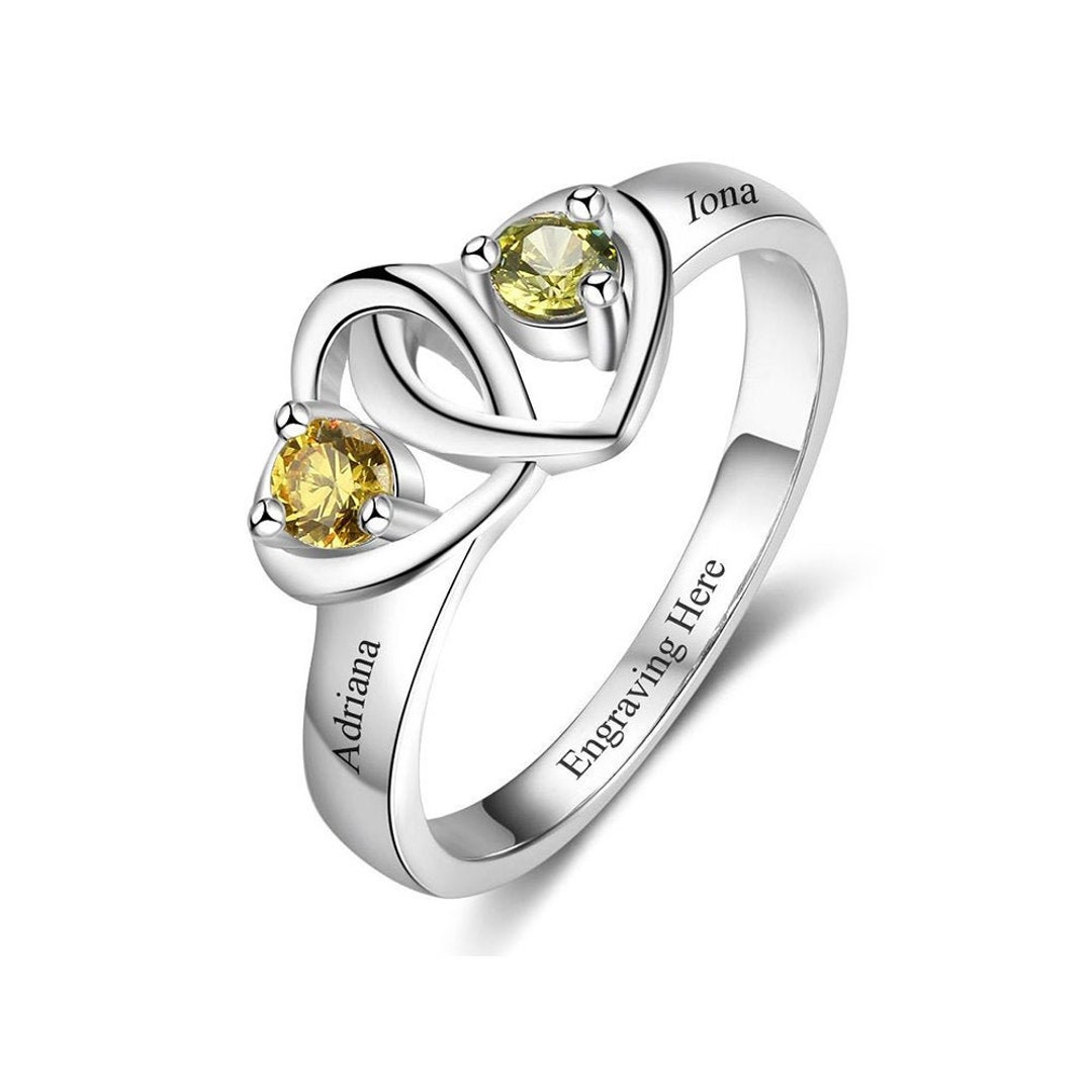 Personalized Double Heart Friendship Ring With 2 Names, 2 Birthstones ...