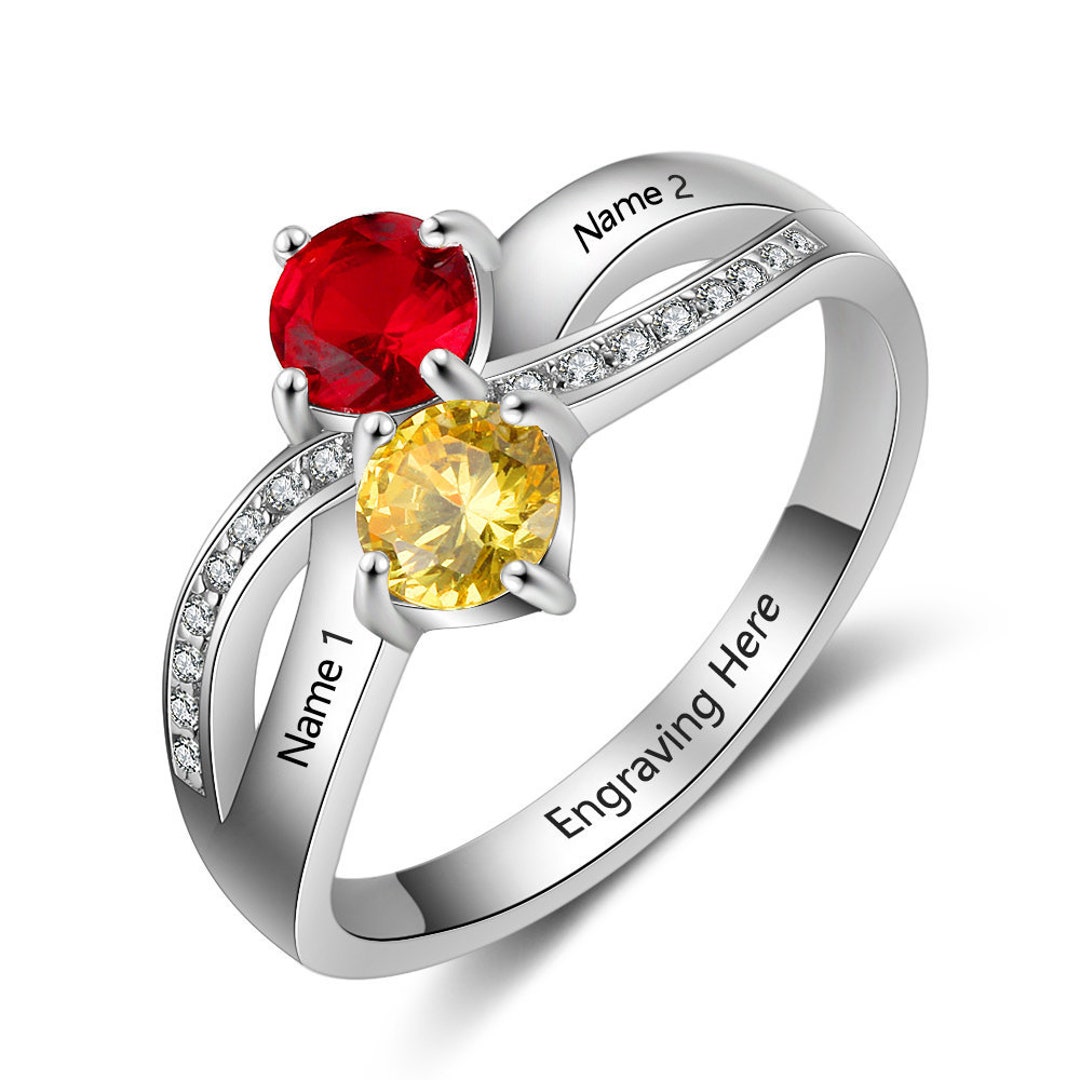 Birthstone Ring Personalized With 2 Names, 2 Birthstones, and 1 Phrase ...