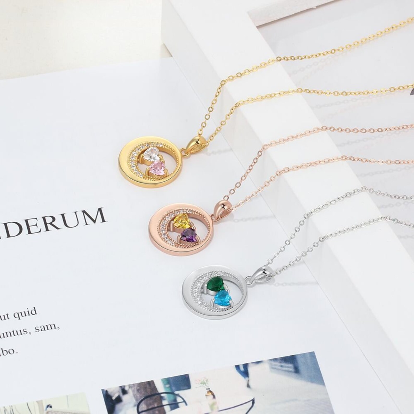Moon Necklace Personalized With 2 Names and 2 Birthstones | Moon Charm ...
