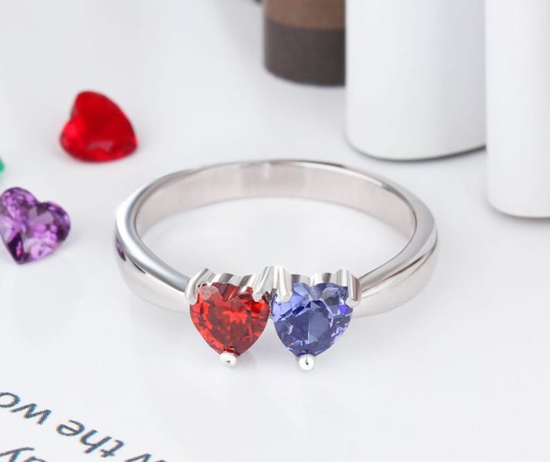 Two Heart Birthstone Ring Personalized With 2 Names and 1 - Etsy UK