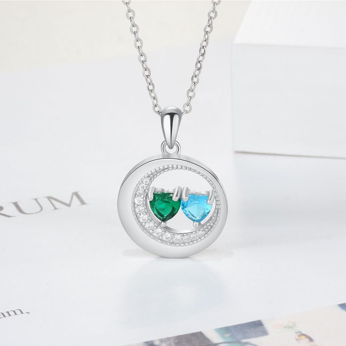 Moon Necklace Personalized With 2 Names and 2 Birthstones | Moon Charm ...