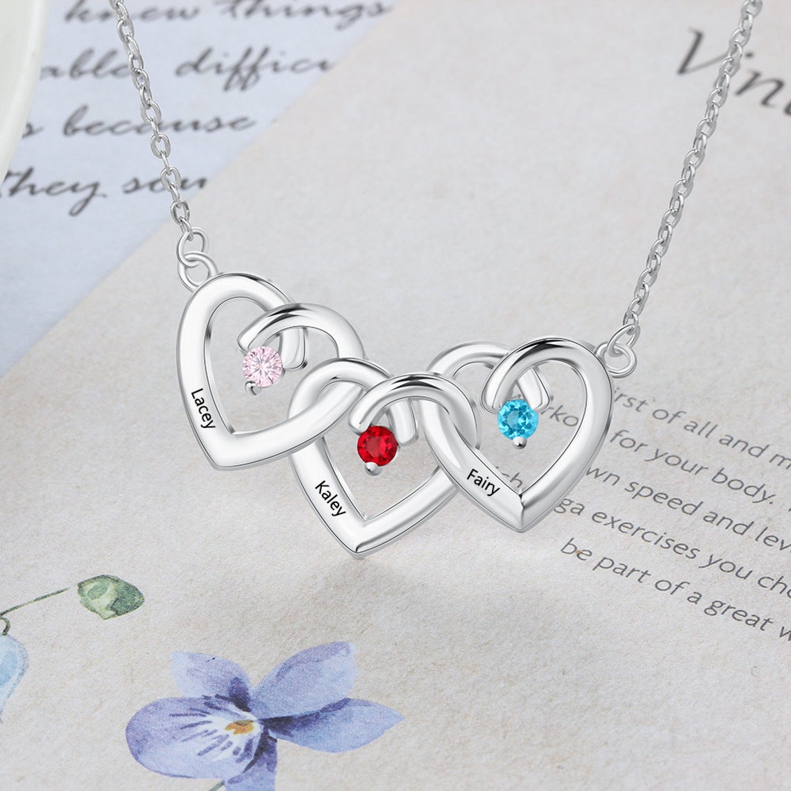 Personalized Three Heart Pendant Necklace | 3 Birthstones and 3 Names ...