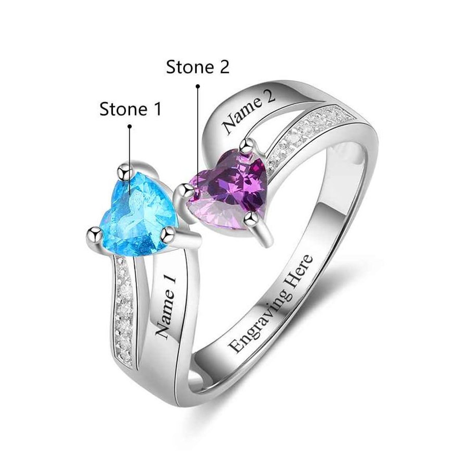 Double Heart Birthstone Ring for Her Personalized With 2 Names, 2 ...