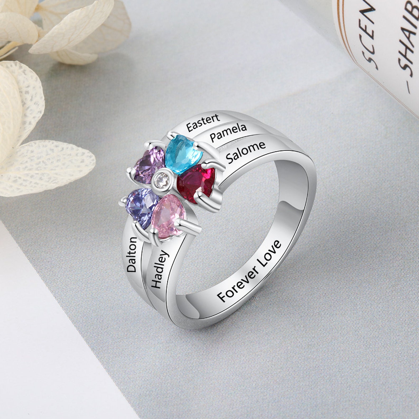 Family Ring 5 Engraved Names 5 Custom Birthstones and 1 - Etsy