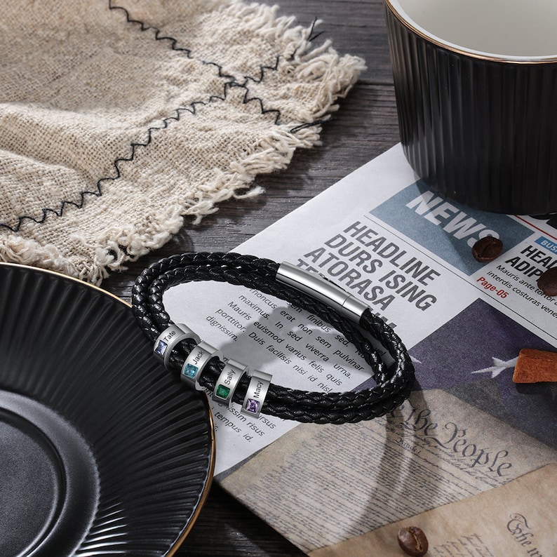 Mens Birthstone Bracelet • Personalized Father's Day Gift • Black ...