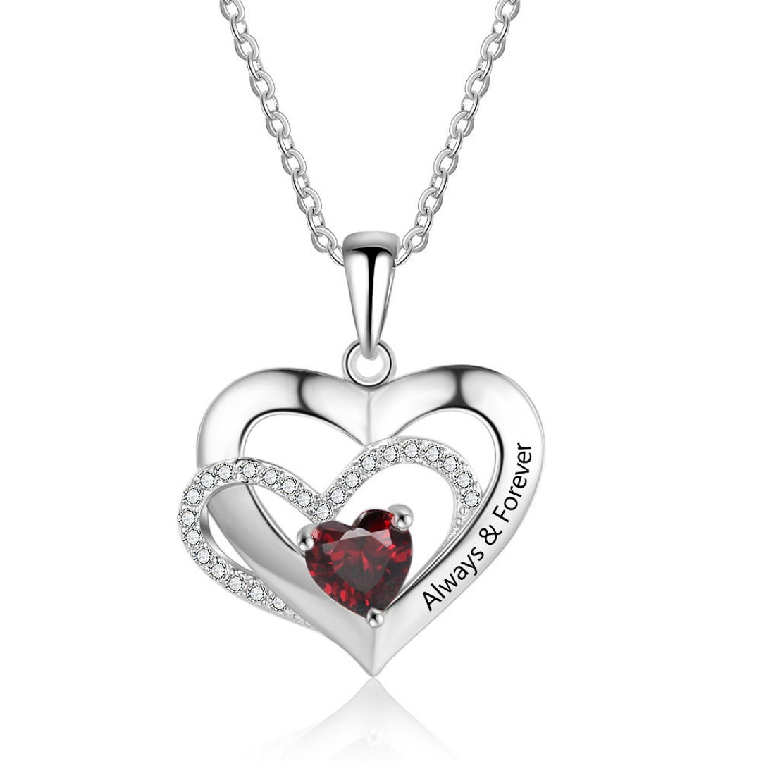 Personalized Double Heart Necklace With Birthstone and Engraved Phrase ...