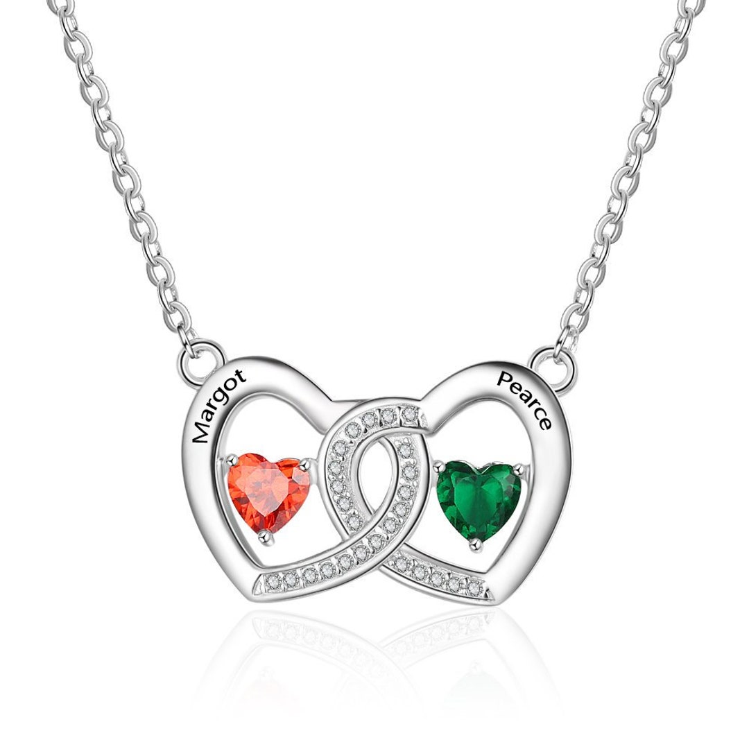Linked Double Heart Necklace Personalized With 2 Birthstones and 2 ...