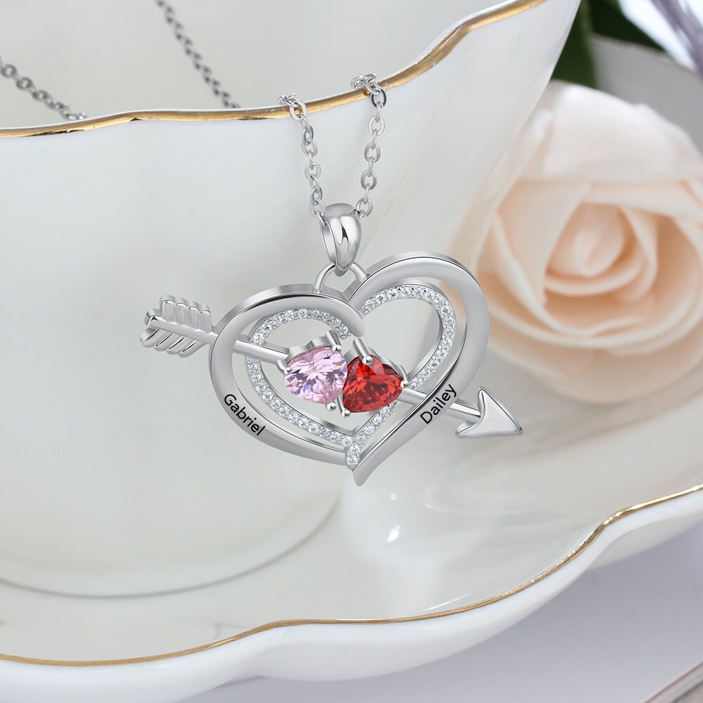Heart Pendant Necklace With 2 Names and 2 Birthstones | Arrow Necklace ...