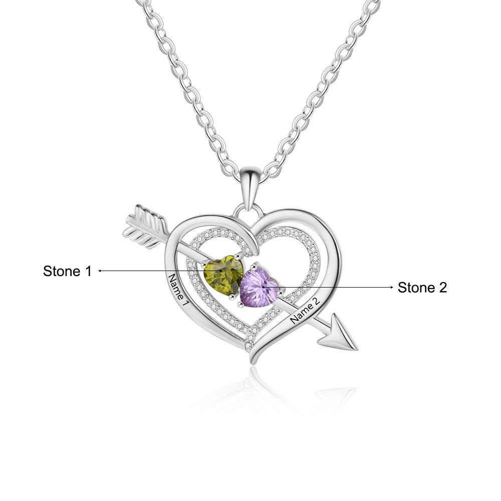 Heart Pendant Necklace With 2 Names and 2 Birthstones | Arrow Necklace ...