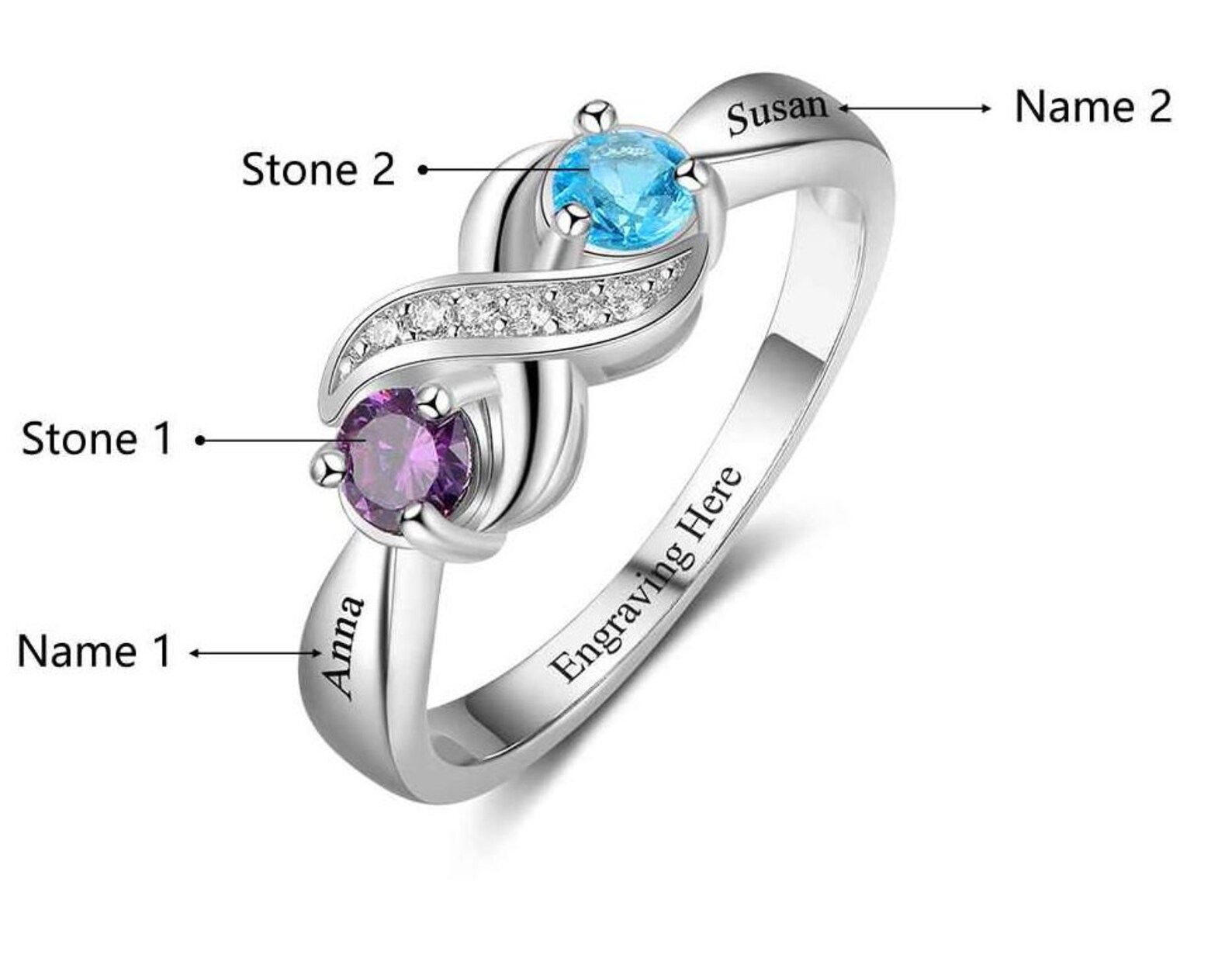 Promise Ring for Her Personalized With 2 Names 2 Birthstones - Etsy