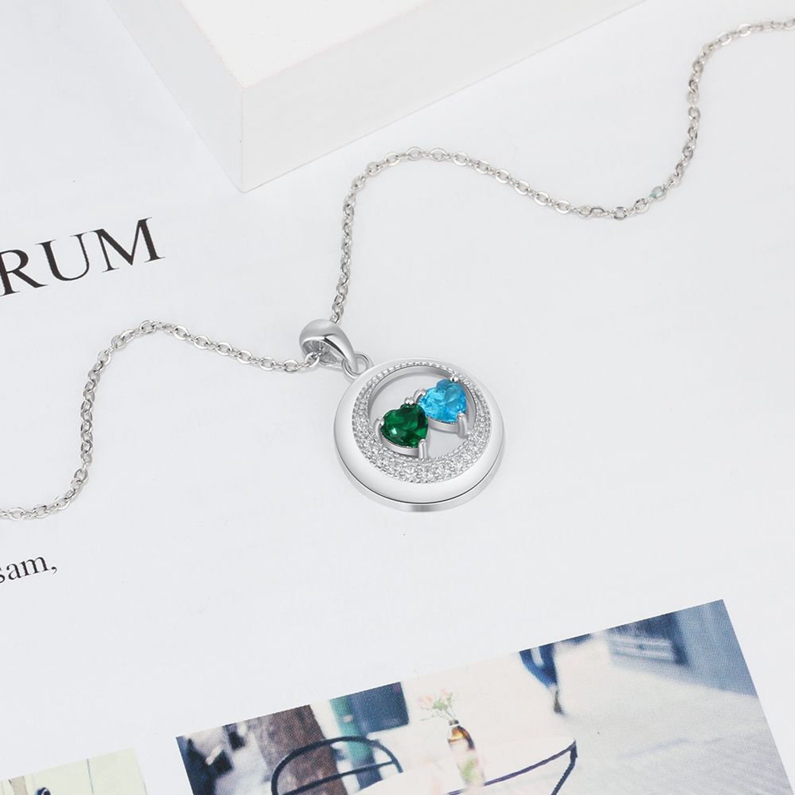 Moon Necklace Personalized With 2 Names and 2 Birthstones | Moon Charm ...