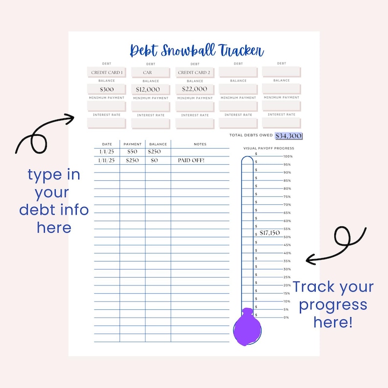 Simple Debt Snowball Tracker | Printable Debt Payoff Worksheet - Etsy