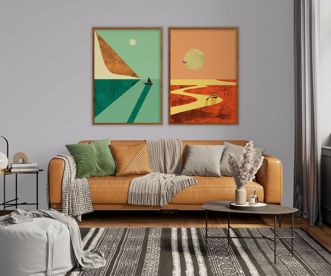 Sunset Seascape Panorama Print Set, Boat Nautical Scenery Diptych ...