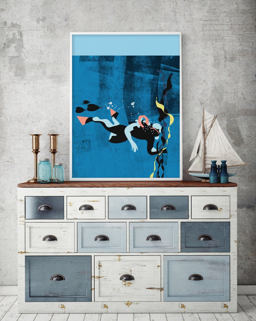 Scuba Diving, Scuba Diving Art, Diver Art Poster, Water Sports ...