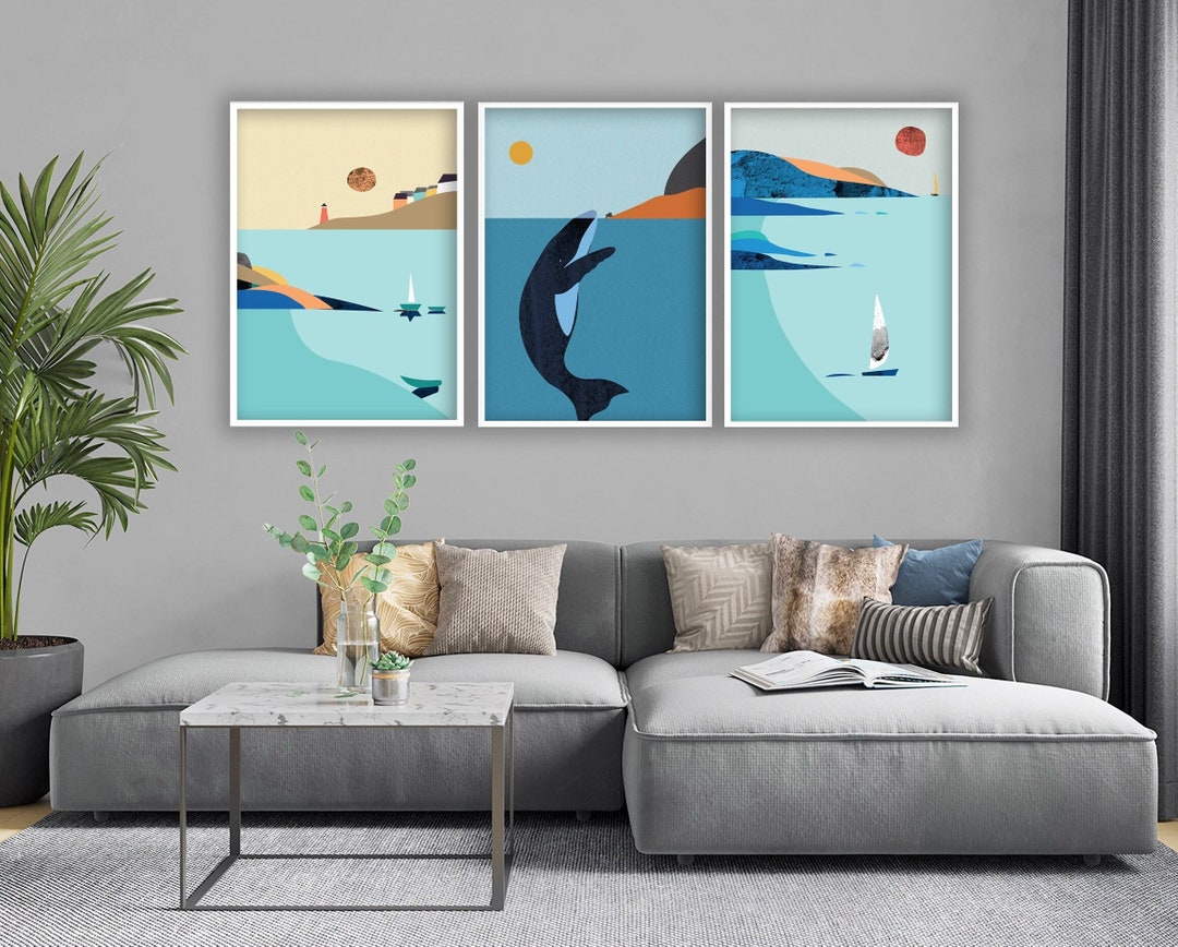 Boats Seascape Triptych, Whale Art Print, Mountain Sea Sunset Artwork ...