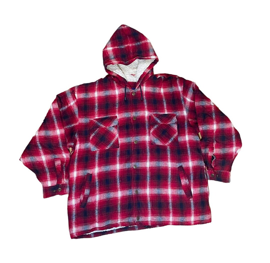 Red and White Flannel Jacket Shirt Plaid Hoodie Warm Lining Button Down ...