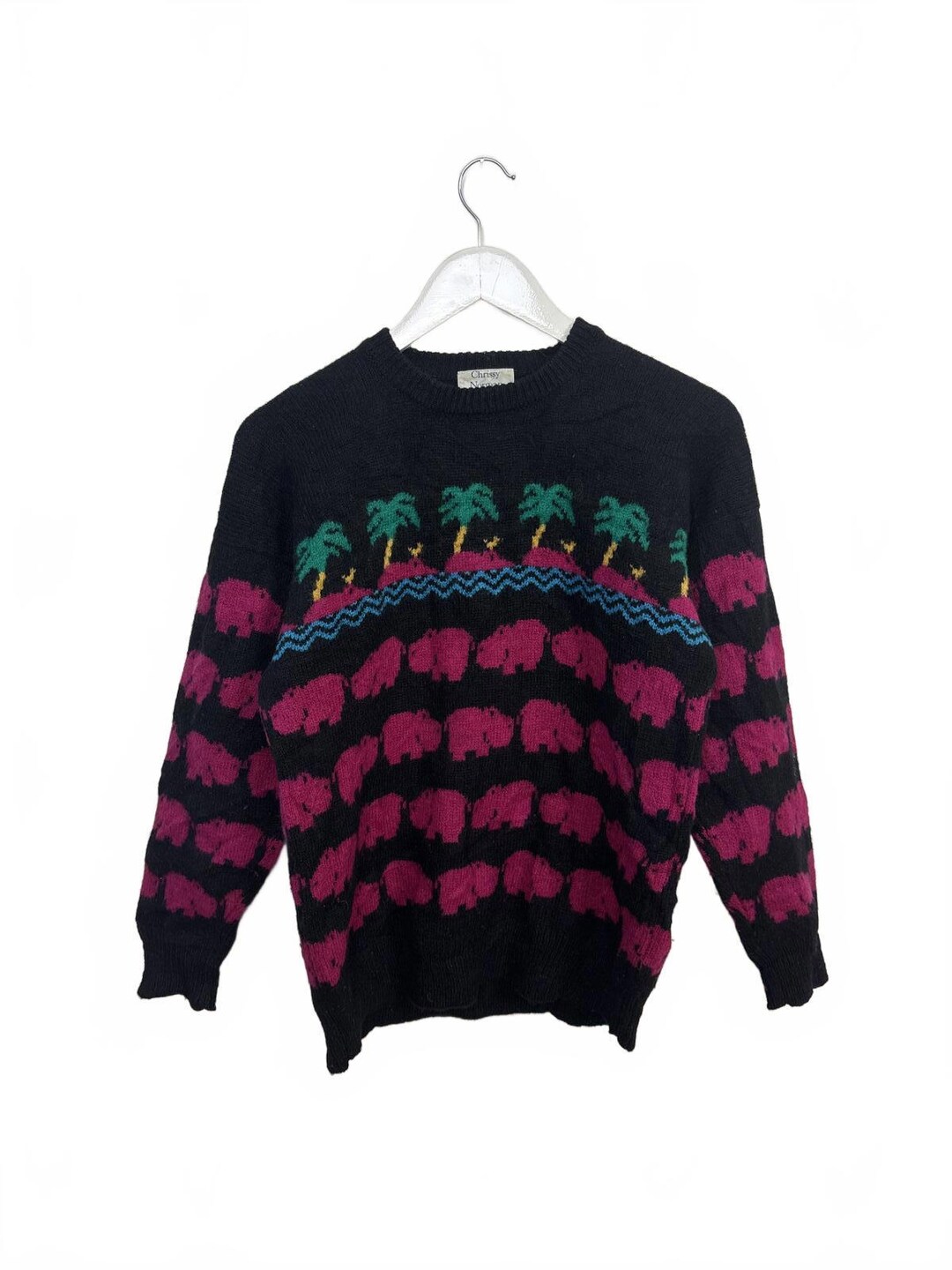 Vintage Chrissy Norman Womens Crew Neck Sweater Hippo Palm Tree Pattern ...