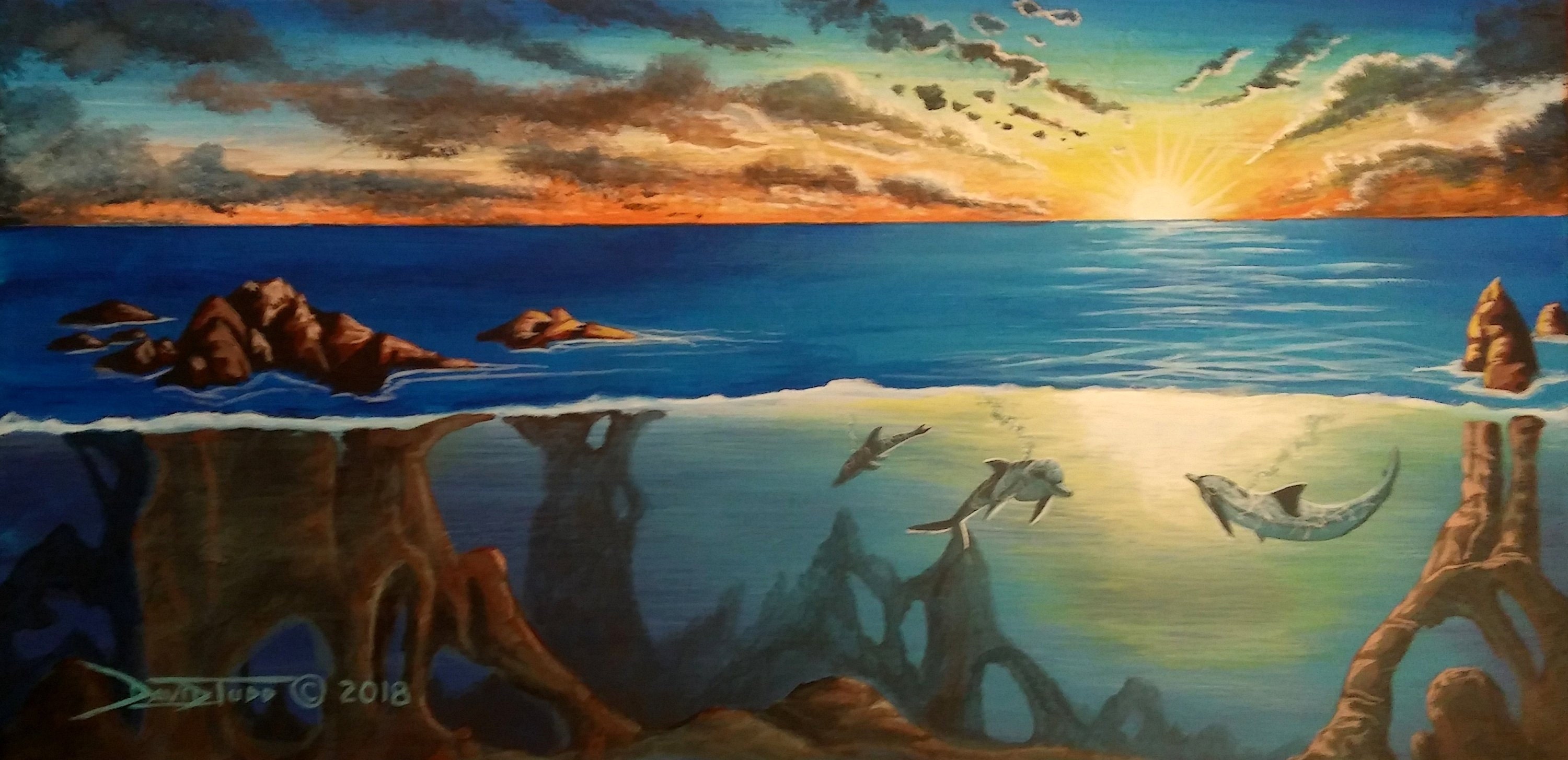 Dolphin Sunset/ Original Acrylic Painting/ 20x10 Canvas/ Standard ...