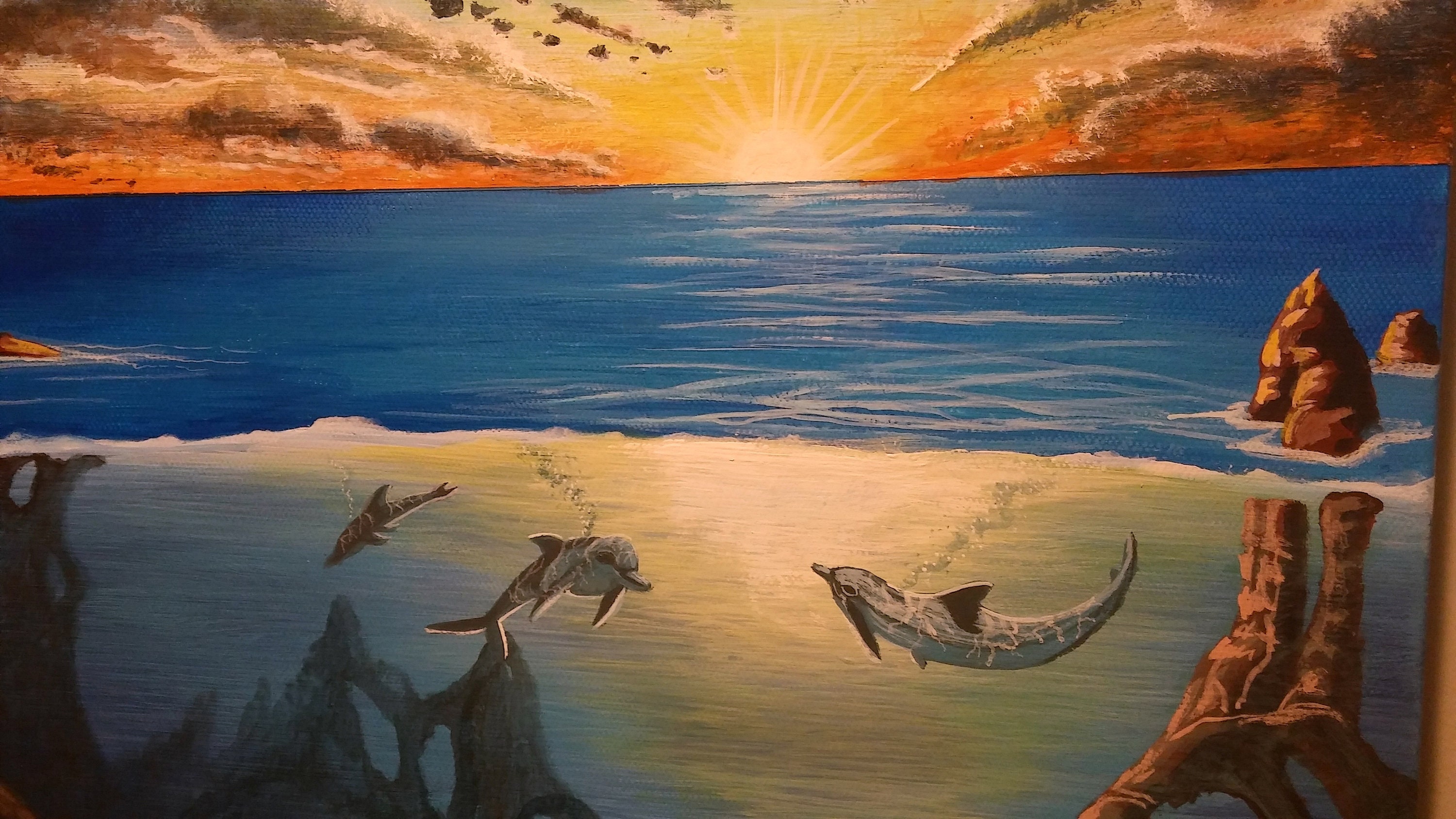 Dolphin Sunset/ Original Acrylic Painting/ 20x10 Canvas/ Standard ...