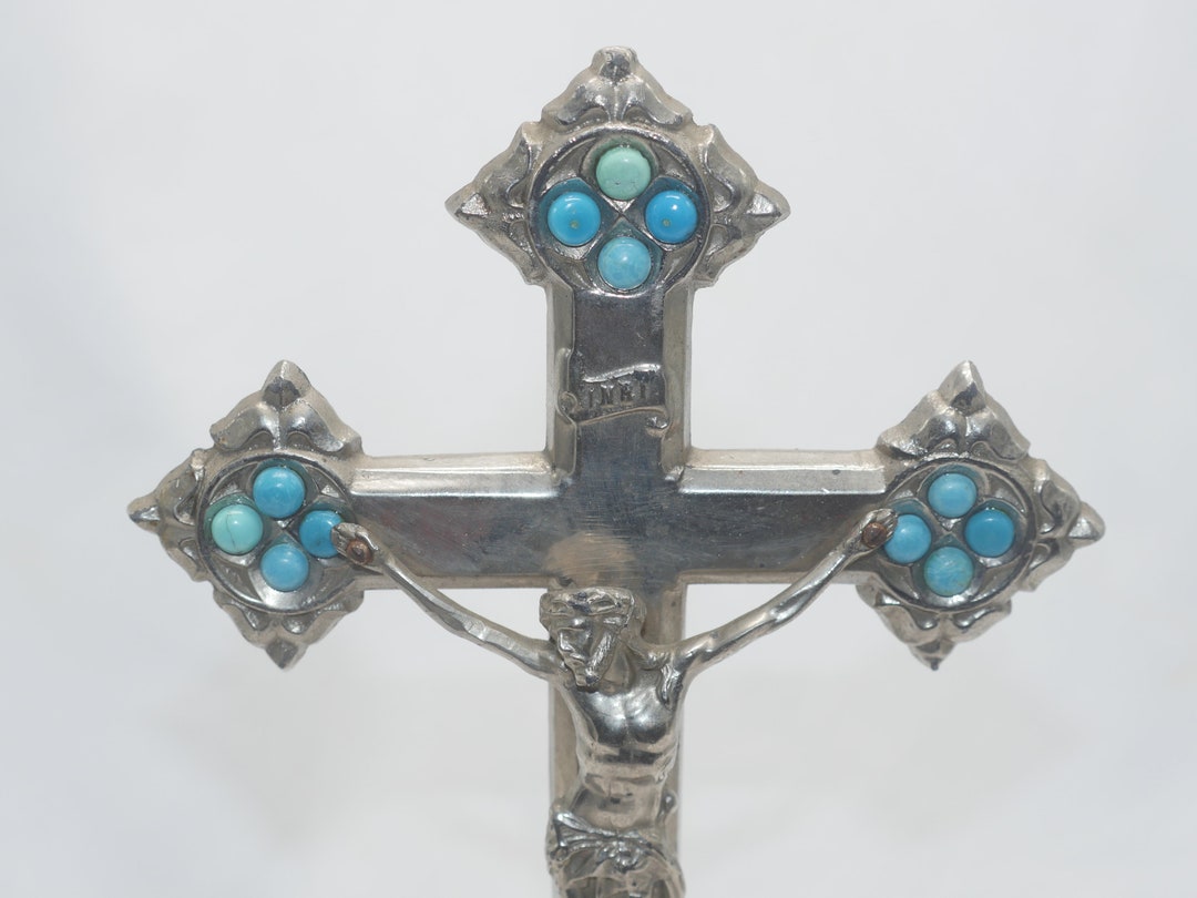 Antique French Crucifix With Installed Turquoise Gemstones, INRI Altar ...