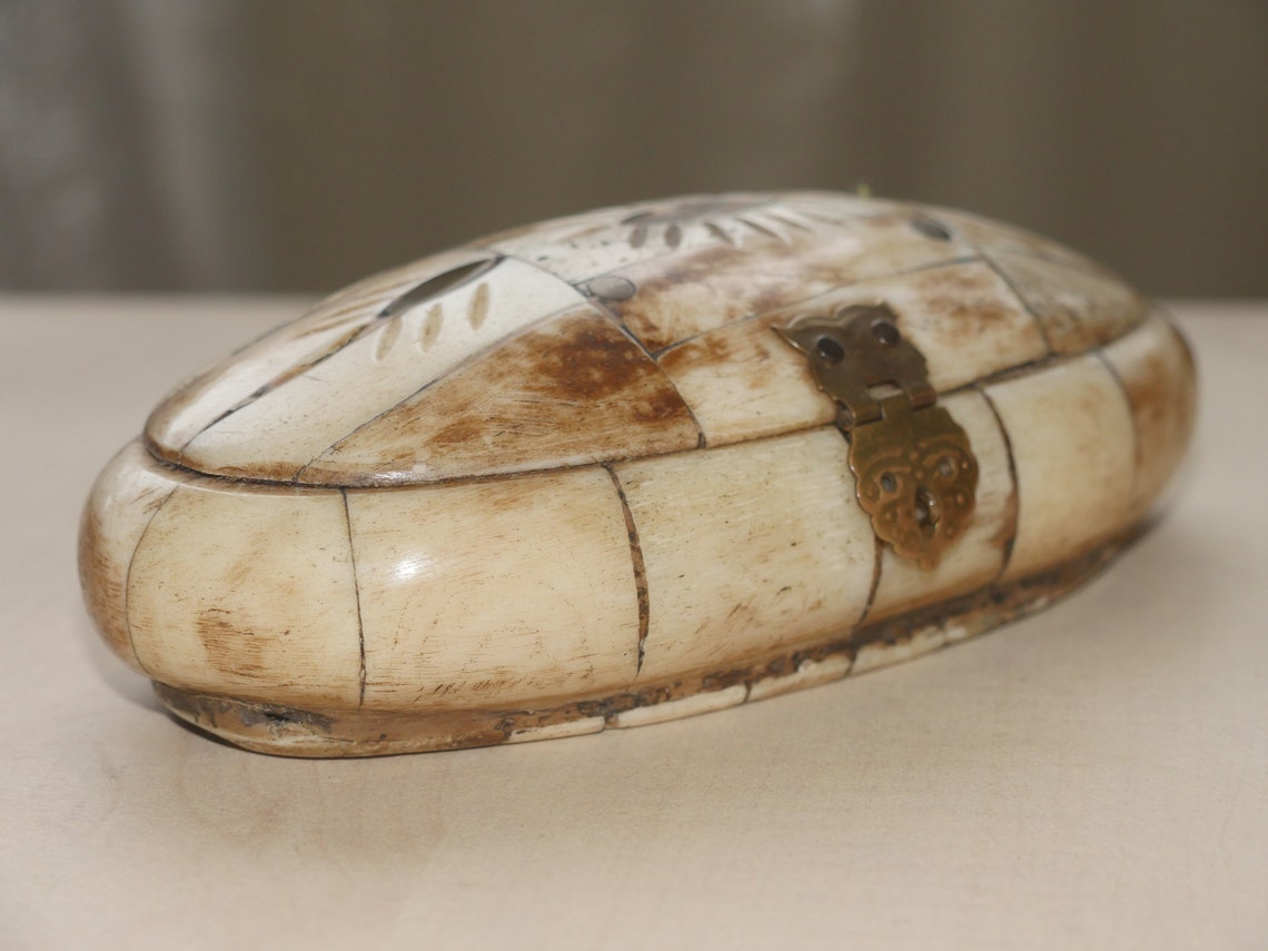 Lot Nr 367 Natural Bone Trinket Jewellery Box Brass Inlay Oval Shaped ...