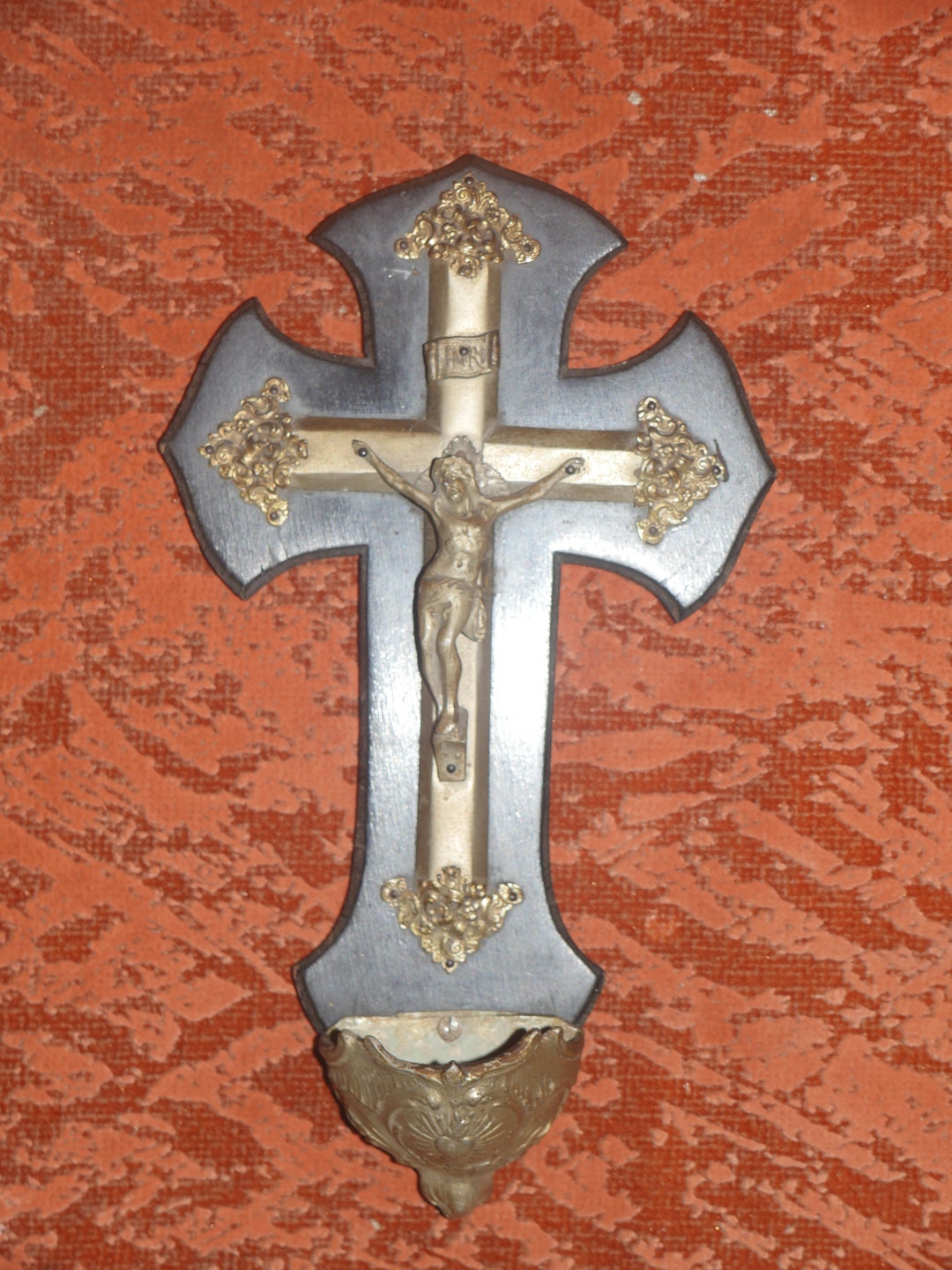 Antique French Holy Water Crucifix, Wood & Spelter, Made in France, Lot ...