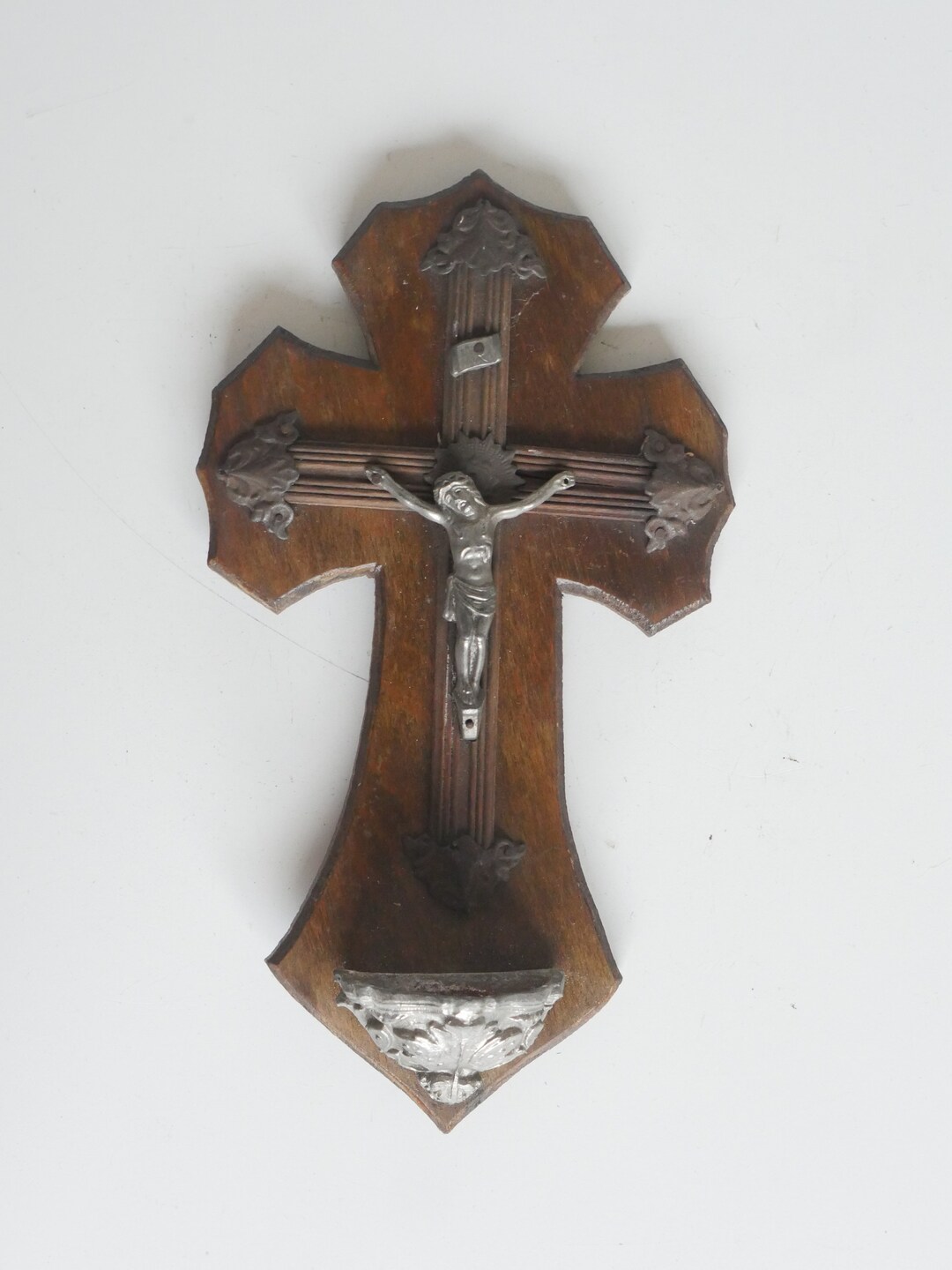 Vintage French Holy Water Crucifix, Wood and Spelter Jesus Christ, Lot ...